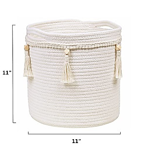 Boho Basket with Cute Macrame Woven Tassel, Cotton Rope Storage Bins Organizer for Boho Room Decor,Bedroom Decor,Plant Basket 11"X11"