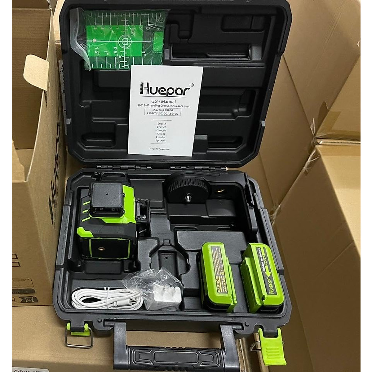 Huepar Laser Level 360 Self Leveling with 2 Batteries, Professional High Brightness 3 x 360° Cross Line Green Laser Level, 3D Laser Level for Construction or Renovation