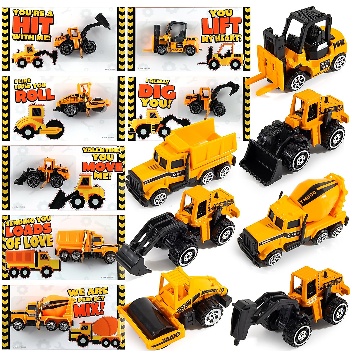 JOYIN 28 Pack Valentines Party Gift Cards with Mini Construction Vehicle Toy Set for Kids Valentine's Classroom Exchange Prizes Valentine Party Favor Toys Including Dump Truck, Excavator and More