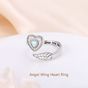 Mom Gifts 925 Sterling Silver Angel Wing Ring for Mother Women Memorial Jewelry Heart Ring with Message I Love You Mom Wrap Open Ring Lap Opal Rings Adjustable Size
