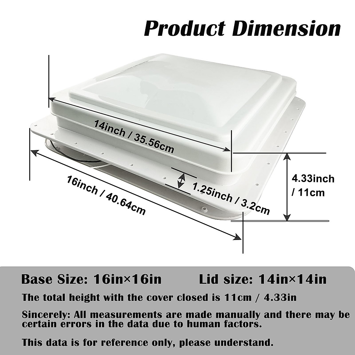 caqeg 14" RV Roof Vent for Camper Trailer Universal White Lid Roof Vent with 12V RV Vent Fan 6" Blades White lid Inner for Garnish Ring