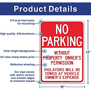 No Parking Without Property Owner's Permission Sign, Violators Will Be Towed at Vehicle Owner's Expense (3 Pack) 14 x 10 Inches .40 Rust Free Aluminum Reflective Sign, UV Protected,Weather Resistant,W