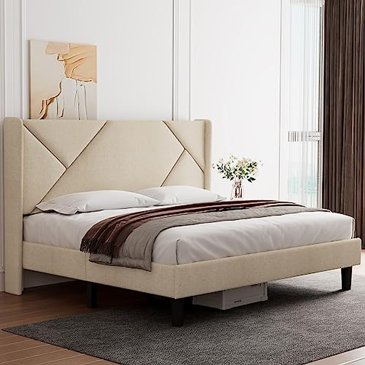 iPormis King Size Bed Frame with Geometric Wingback, Upholstered Platform Bed Frame with Headboard, Solid Wood Slats, 8" Storage Space, No Box Spring Needed, Easy Assembly, Beige