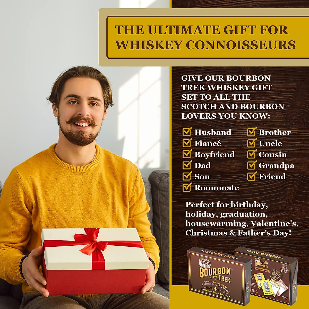 Boxed Set of Whiskey Gifts for Men - Includes Popular Whiskey Trivia, 2 Bourbon Glasses, 6 Stones, 2 Slate Coasters, 1 Wooden Freezer Tray & Stainless Steel Tongs - All in 1 Premium Giftable Box