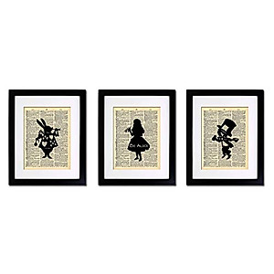 Alice in Wonderland Tea Party - 3 Print Set - Vintage Dictionary Print 8x10 Home Vintage Art Abstract Prints Wall Art for Home Decor Wall Decorations For Living Room Bedroom Office Ready-to-Frame 3