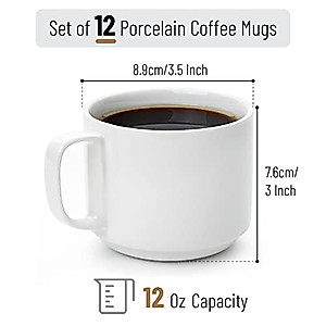 BTaT- Stackable Coffee Mugs, White, 12 Pack, 12 Oz (350 ml), Porcelain Coffee Mugs, Stackable Mugs, Stacking Mugs, Coffee Cup Stacking Set, Stacking Coffee Mugs, White Coffee Mugs
