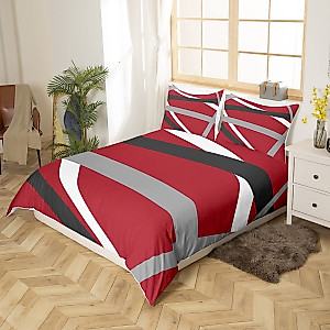 Erosebridal Red Grey White Geometry Lines Duvet Cover Queen,Bold Stripes Comforter Cover,Geometric Lines Bedding Set,Abstract Graphics Quilt Cover with 2 Pillow Shams for Adult Youth Bedroom Decor