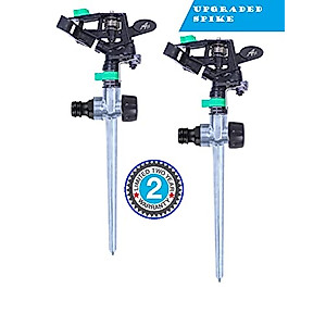 Pulsating, Impact Sprinkler with Stand (Spike) Pack of 2, for Garden Lawn and Yard by APT, Features Stainless Steel Fulcrum Pin Package Includes 2 pcs Hose connectors