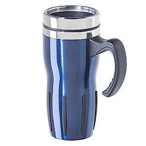Oggi Multigrip Stainless Steel Thermal Travel Mug - Midnight Blue, 16oz, with slide open lid for hot and cold beverages.