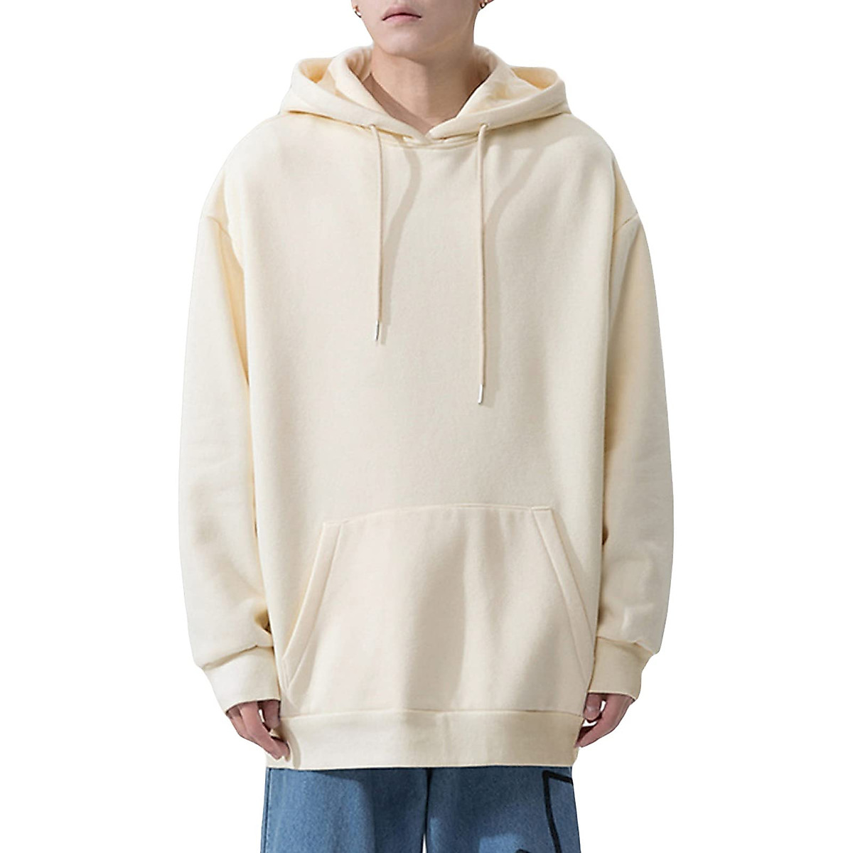 Maiyifu-GJ Men's Solid Loose Fit Pullover Hoodies Casual Athletic Hooded Sweatshirts Long Sleeve Hoodie with Kanga Pocket (Apricot,Large)