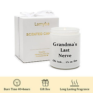 Lamyba Grandma Candle Gifts for Grandmother from Granddaughter Grandson, Funny Cool Mother’s Day Present Vanilla Scented Soy Candle - Grandma’s Last Nerve Oh Look It’s On Fire