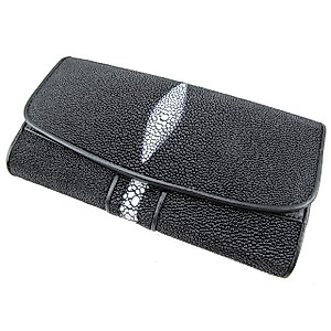 PELGIO Genuine Row Diamond Stingray Skin Leather Women's Trifold Clutch Wallet Black