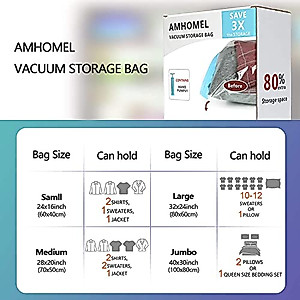 amhomel Vacuum Storage Bag (3 Jumbo, 3 Large, 3 Medium, 3 Small) Ziplock Space Saver Sealer Bags, Air Tight Compression Organizers for Pillows Clothes Blankets Comforters with Hand Pump - 12 Combo
