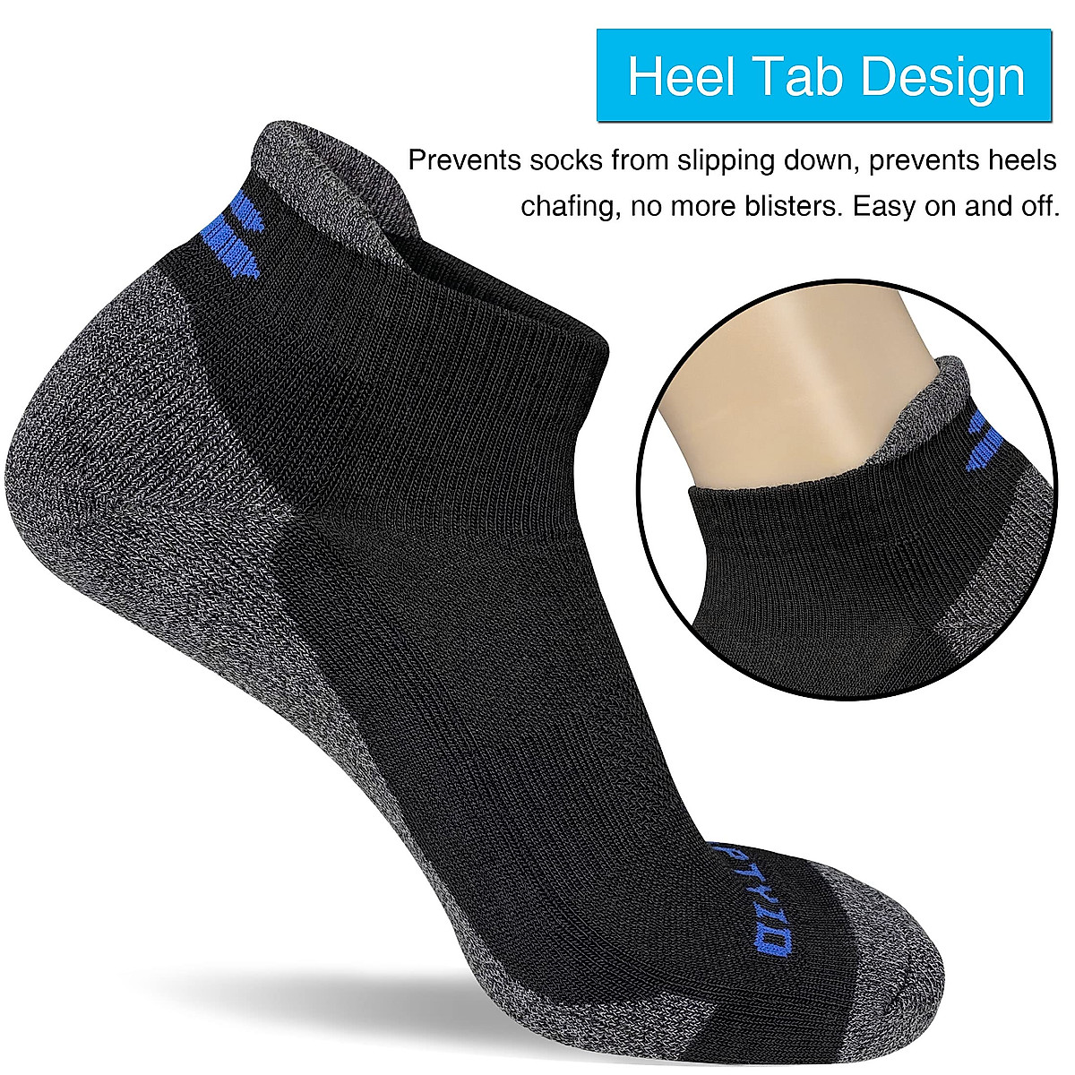 APTYID Men's Performance Cushion Ankle Athletic Running Socks, Black, Size 9-12, 6 Pairs