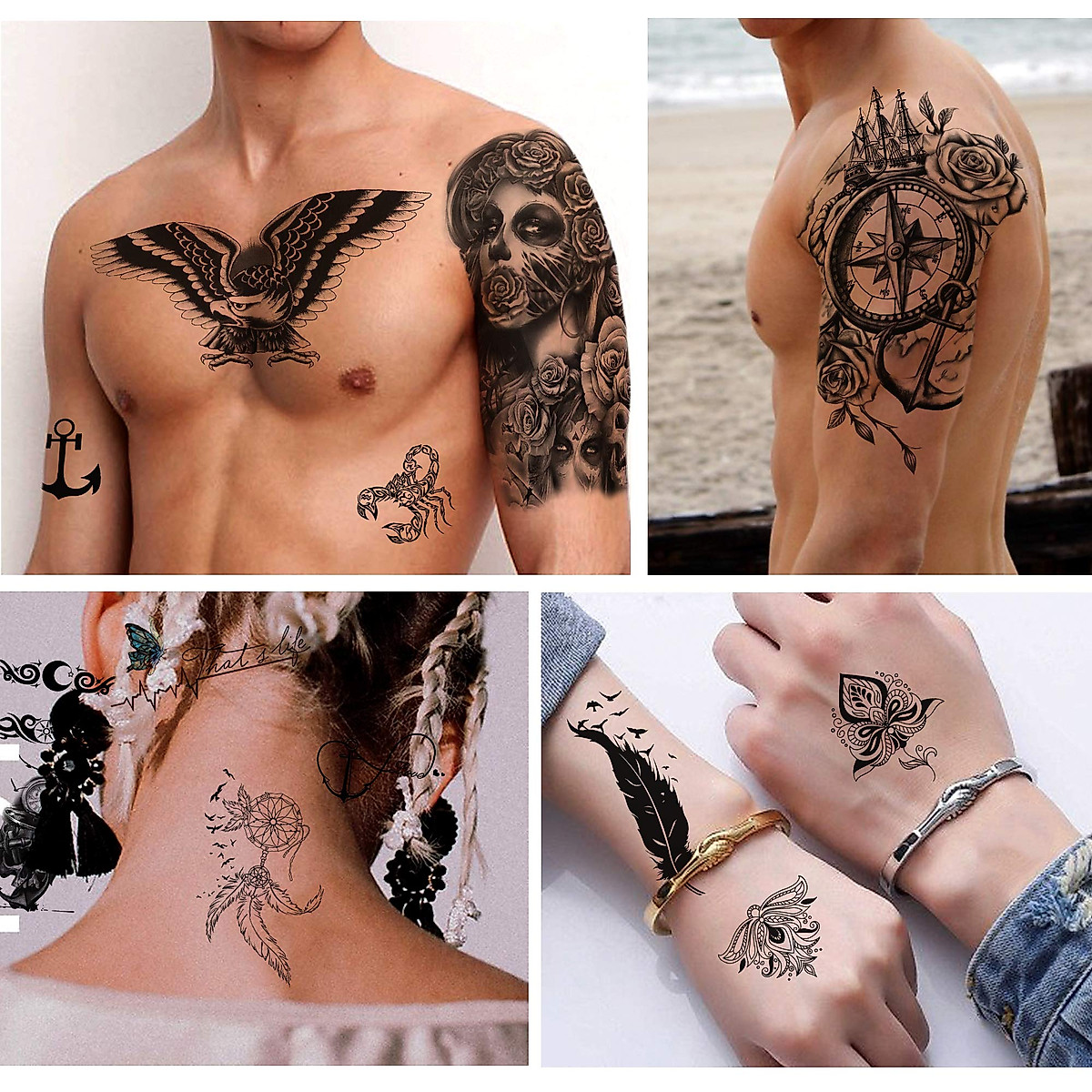 Yazhiji 32 Sheets Temporary Tattoos Stickers, 8 Sheets Fake Body Arm Chest Shoulder Tattoos for Men Women with 24 Sheets Tiny Black Temporary Tattoos