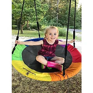 LANGXUN 40 Inch Rainbow Saucer Tree Swing for Kids and Adults, with Carabiners and Flags, 700 lb Weight Capacity, Steel Frame, Waterproof, Outdoor Swing Sets for Backyard