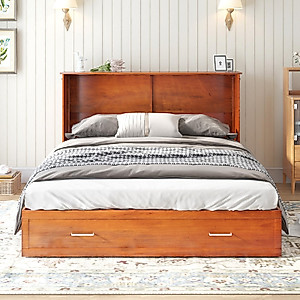 ijuicy Cabinet Murphy Beds with Built-in Charging Station, Solid Wood Cabinet Chest Bed with Folding Mattress, Murphy Cube Chest Bed with Large Drawer for Guest Room, Office-Queen, Cherry