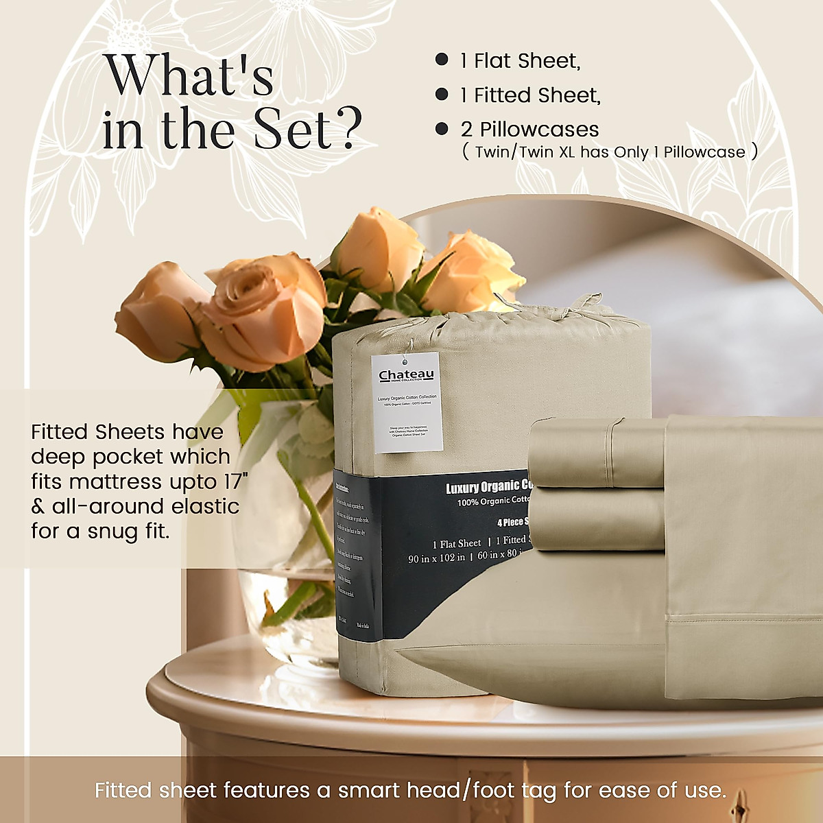 100% Organic Cotton Queen Sheet Set & Standard Pillowcases Set of 2 Combo- 300 Thread Count Long Staple Cotton Sheets,3 Pc Queen Size Sheets & Standard Pillowcases, Sateen Sheets, Breathable - Tan