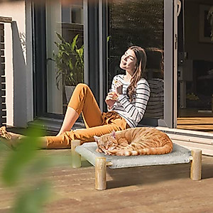 FLUFFEE Cat Hammock Bed, Wooden Elevated Cat Bed for Indoor Cats, Portable Washable Raised Pet Bed for Kitten Puppy Rabbit - Grey