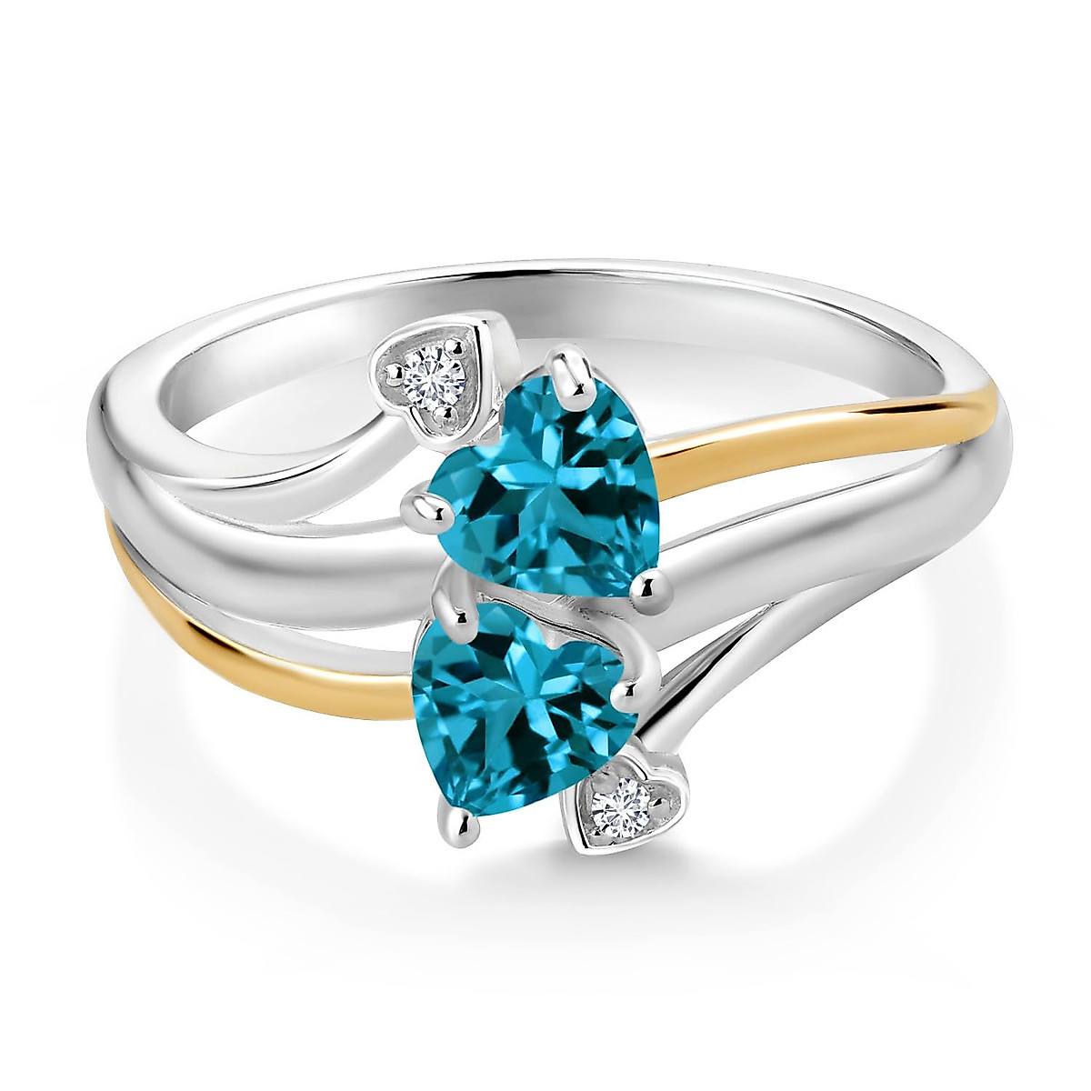 Gem Stone King 1.12 Ct London Blue Topaz 925 Silver and 10K Yellow Gold 2 Heart Promise Couple Engagement Mother Lab Grown Diamond Ring (Size 7)