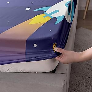 AILONEN Cartoon Astronaut Fitted Sheet Twin Size, Cute Astronaut with Rockets Bedding Set for Kids Boys,Outer Space Explorer Theme Bed Sheet Set,1 Fitted Sheet 2 Pillowcases,3 PCS