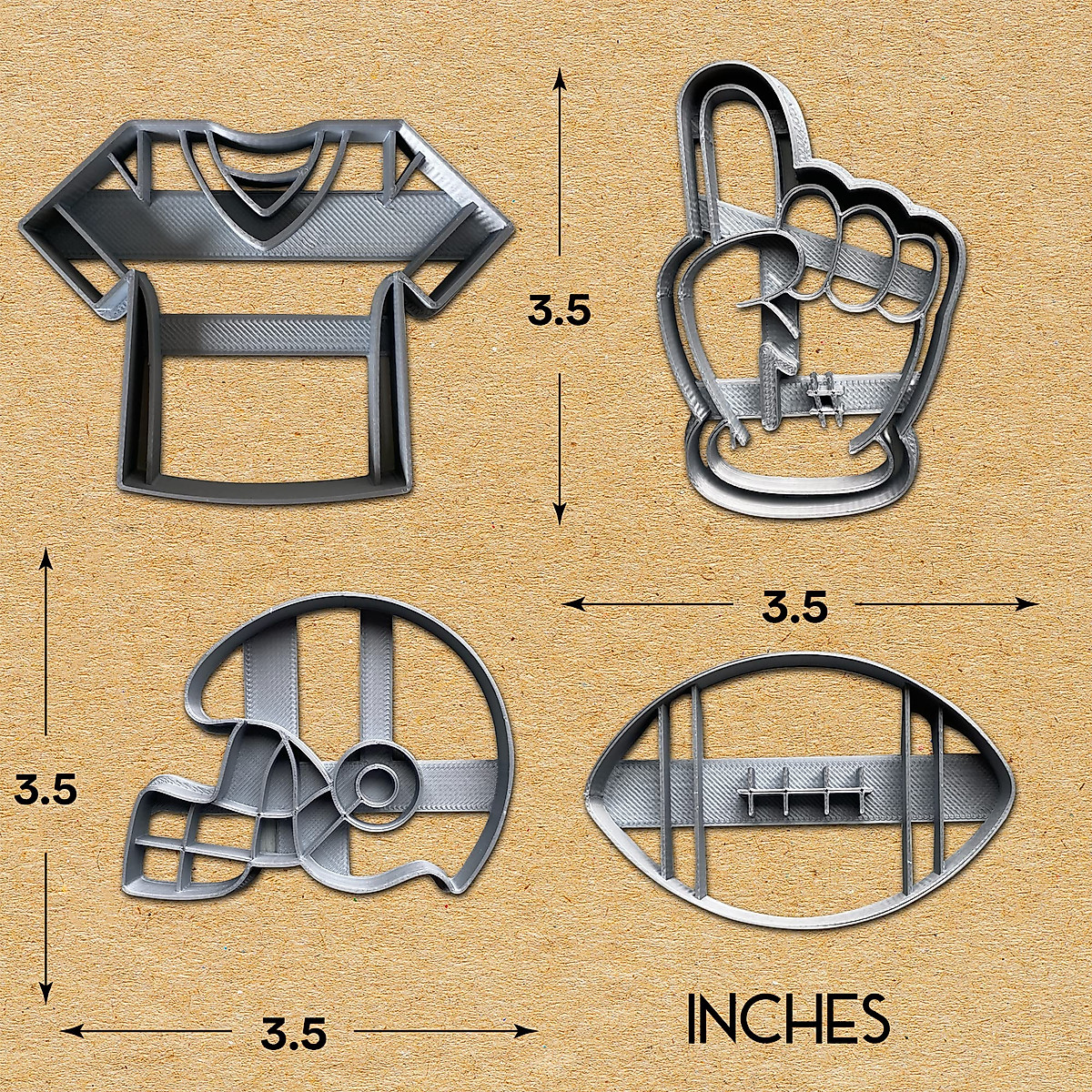 Moose Goods Football Cookie Cutter Set of 4 - Sports Cookie Cutters Shapes, Food Safe Plastic - Themed Football Cookie Cutters for Birthday Football Cookies - Football, Helmet, Jersey & Foam Finger