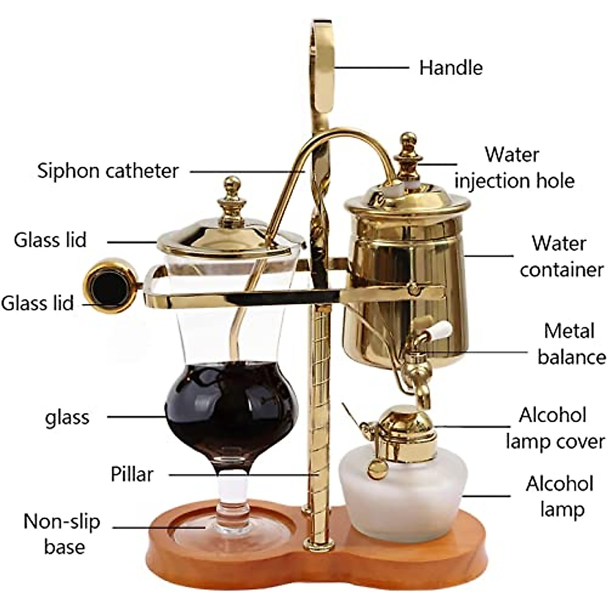 BEYANEE Belgian/Belgium Balance Siphon Coffee Maker,Family Syphon Coffee Maker,Elegant Double Ridged Fulcrum with Tee Handle,Elegant Design Retro-Style - Classic Gold…