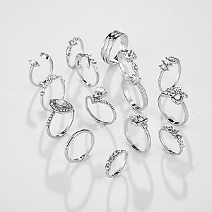 Aimimier 15 Pcs Bohemian Stackable Joint Knuckle Ring Set Crystal Heart Finger Ring Sparkling Rhinestone Midi Rings for Women