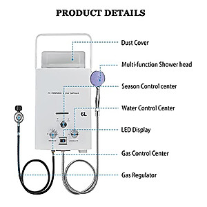 QXCSF 1.58GPM Outdoor Tankless Water Heater, 6L Portable Instant Propane Gas Water Heater for RV Camping, 3.5PSI Water Pressure To Ignite, All Season Usable, Safety Protection