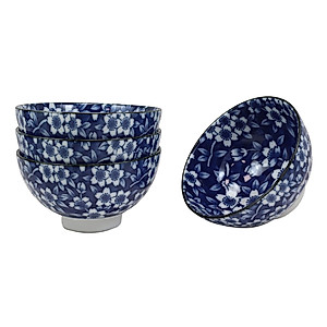 Ebros Gift Made in Japan Ming Style Blue And White Summer Floral Blossom Design 12oz Rice Soup Cereal Porcelain Bowls Set of 4 Home Decor Zen Asian Fusion Accent Housewarming Birthday Gifts Bowl Set