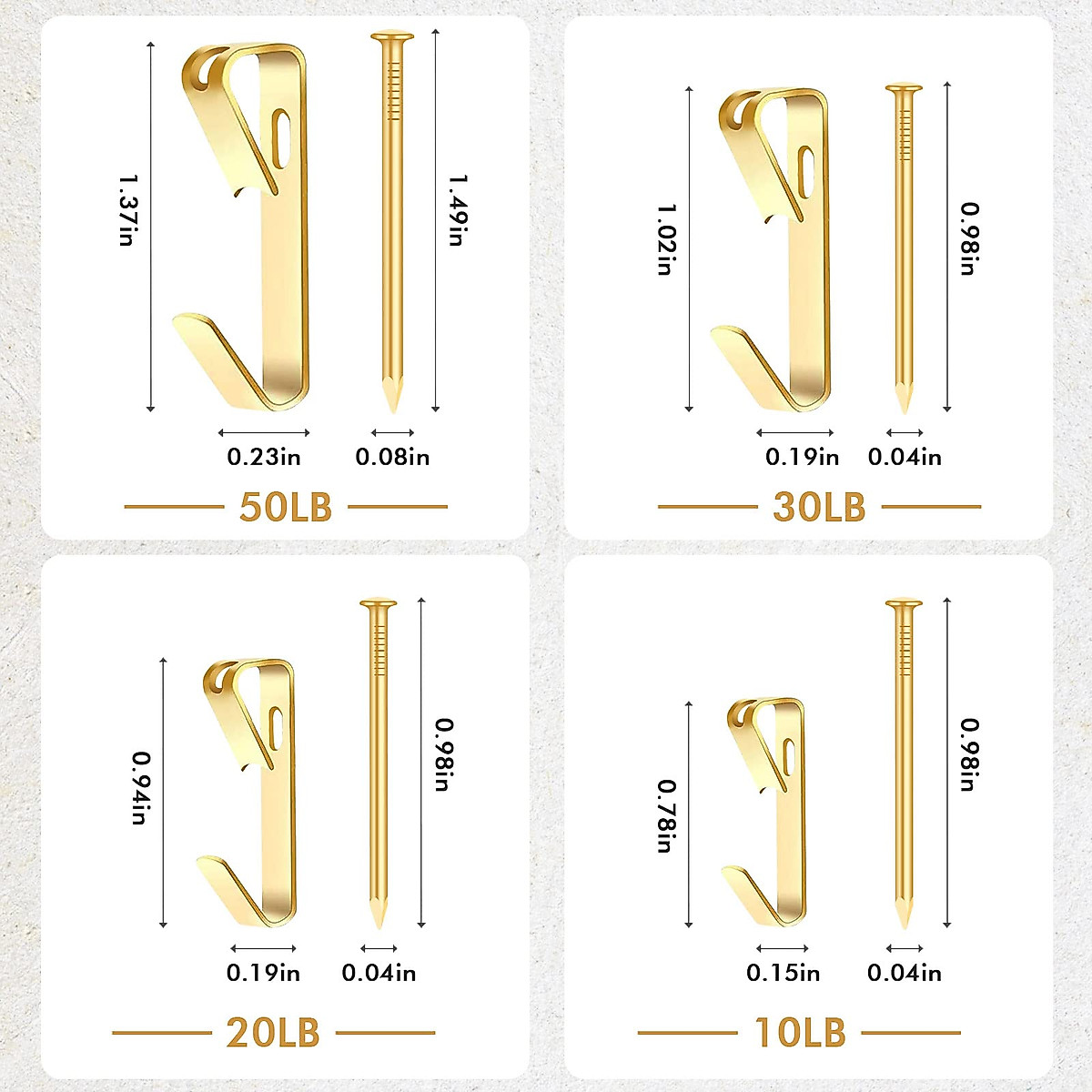 Hooks for Hanging Pictures with Nails - ROBUST 50pcs Picture Hanging Kit, Wall Hooks for Hanging Pictures for Picture Frame, Canvas, Mirror, Art (N6 Gold)