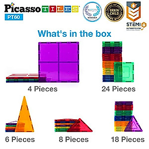 PicassoTiles 60 Piece Set 60pcs Magnet Building Tiles Clear Magnetic 3D Building Blocks Construction Playboards - Creativity beyond Imagination, Inspirational, Recreational, Educational, Conventional