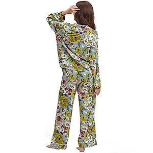 YiNi LuLu Womens Silk Satin Pajamas Set Button Down 2 Piece Pjs Set For Women Long Sleeve Oversized Sleepwear with Pockets