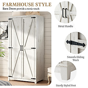 LUXOAK 70" Large Armoire Wardrobe Closet with Hanging Rod, Farmhouse Clothing Storage Cabinet with 2 Barn Doors, Wooden Tall Bedroom Armoires with Shelf, Distressed White