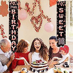 Luxiocio Happy 16th Birthday Banner Decorations for Girls, Sweet 16 Year Old Birthday Welcome Porch Sign, Rose Gold Sixteen Birthday Party Supplies for Outdoor Indoor