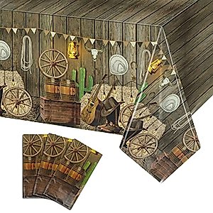 Western Cowboy Party Decorations Western Tablecloth Cowboy Party Table Cover Cowboy Theme Wild West Decor Plastic Wooden House Barn Door Tablecloth for Baby Shower Birthday Party Supplies(3 Pack)