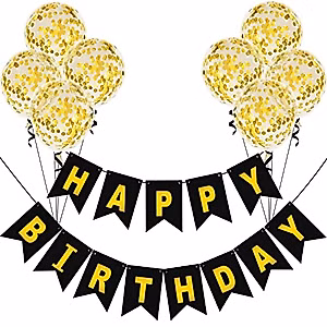 CHRORINE Black Happy Birthday Banner Bunting 8pcs Gold Confetti Balloon for Birthday Party Supplies