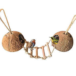 Bird Hides Coconut Nest with Wood Ladder,Syrian Hamster Cage Hanging Natural Coco Shell Hut Hide Toy with Wooden Bridge,Hollow Hideaway Toys for Small Animal Rat Lovebird Finches