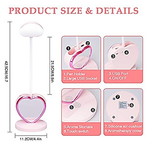 LED Desk Lamp, Cute Pink Desk Lamp with USB Charging Port/Pen Holder and Phone Stand, Touch Control Reading Lamp with 2 Color Modes,Eye-Caring Study Table Lamp for kids Girls College Dorm Bedroom