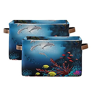 Sea Ocean Animal Dolphin Fish Storage Bin Canvas Toys Storage Basket Bin Large Storage Cube Box Collapsible with Handles for Home Office Bedroom Closet Shelves,1 pc
