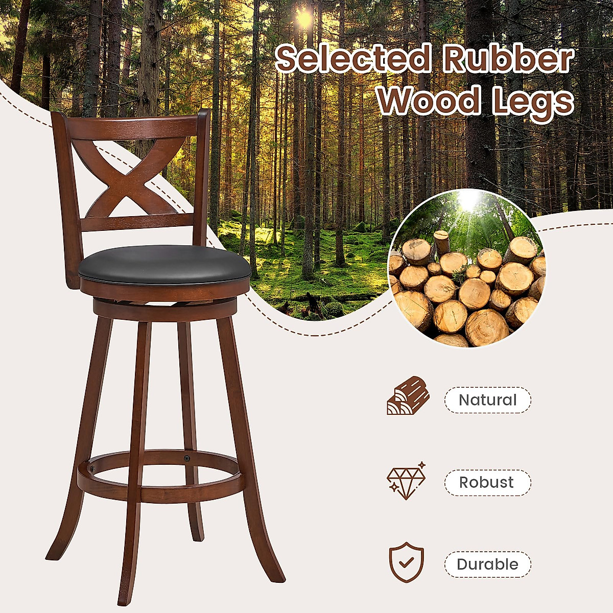 Giantex 30” Bar Stools Set of 2, 360° Swivel Counter Height Stools with Back, Solid Rubber Wood Frame, Leather Padded Seat, Vintage Upholstered Armless Farmhouse Barstools for Kitchen Island Home Bar