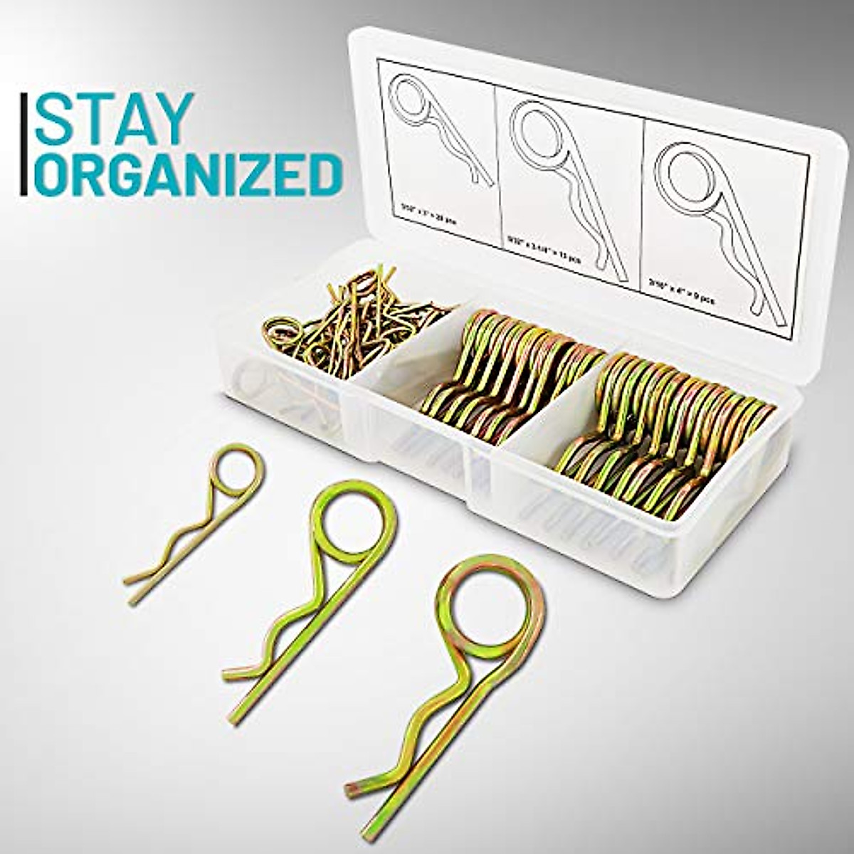 Double Loop Hitch Pin Clip 50 Piece Set of Three Different Size Fasteners, Multi-Use Cotter Hairpin Assortment Kit, Fit for Various Hitch Pins – by Goreks