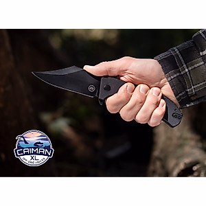 Off-Grid Knives - Caiman XL Folding Knife w. Bowie Blade, Sandvik 14C28N Steel, G10 Scales, Deep Carry Clip