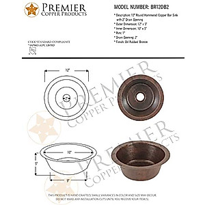 Premier Copper Products BR12DB2 12-inch Round Hammered Copper Bar Sink with 2-inch Drain Opening