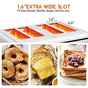 Toaster 4 Slice Wide Slot Stainless Steel Toasters with Bagel, Reheat, Cancel, Defrost Function, 6 Shade Settings, Removable Crumb Tray, 1550W, Aigostar