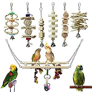 BWOGUE 7 Packs Bird Parrot Toys Natural Wood Chewing Toy Bird Cage Toys Hanging Swing Hammock Climbing Ladders Toys for Small Parakeets, Cockatiels, Conures, Finches,Budgie, Parrots, Love Birds