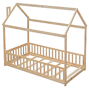 MERITLINE Twin Size Floor Bed for Kids, Wooden Twin Montessori Floor Bed Frame with Rails and Slats, Twin House Bed for Kids, Girls & Boys, Natural