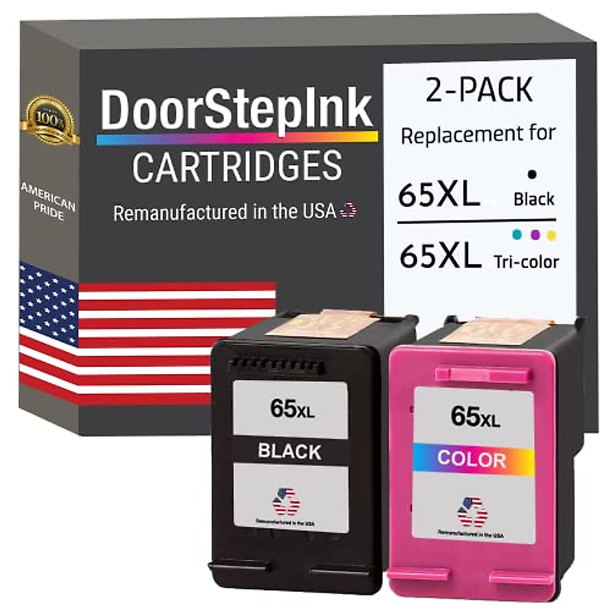 DoorStepInk Remanufactured Ink Cartridges Replacement for HP 65XL (Combo 2 Pack) Black and Color - Made in The US