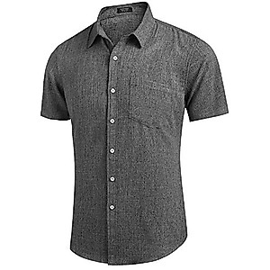 COOFANDY Mens Linen Shirt Textured Designer Western Work Regular Fit, Black, Large, Short Sleeve