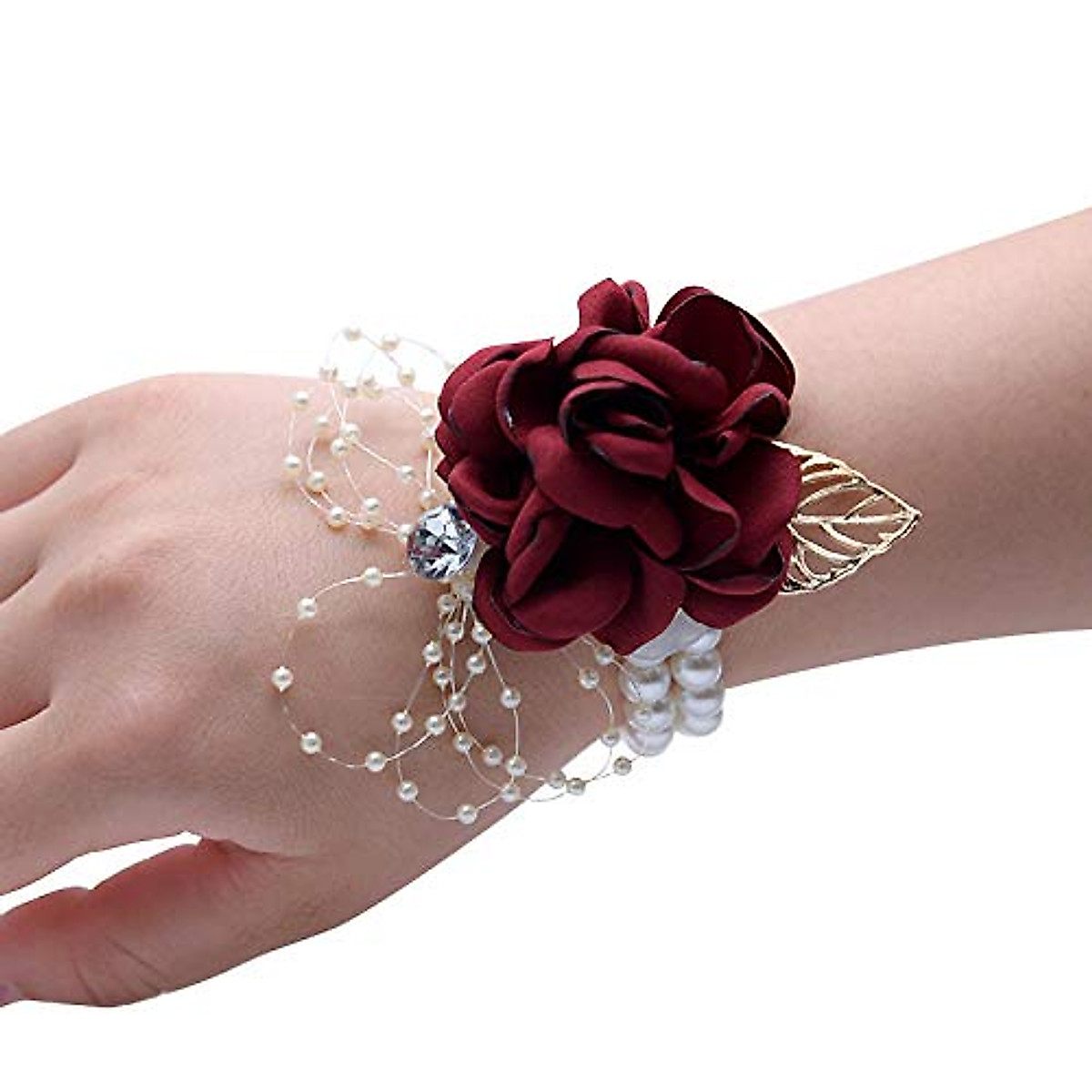 Axnhbubu 8pcs Claret Rose Wedding Girl's Wrist Corsage Bracelets,Bridesmaid Pearl Bracelet,Women's Hand Flowers for Wedding Party Prom,Homecoming Corsage.(8pcs Claret)